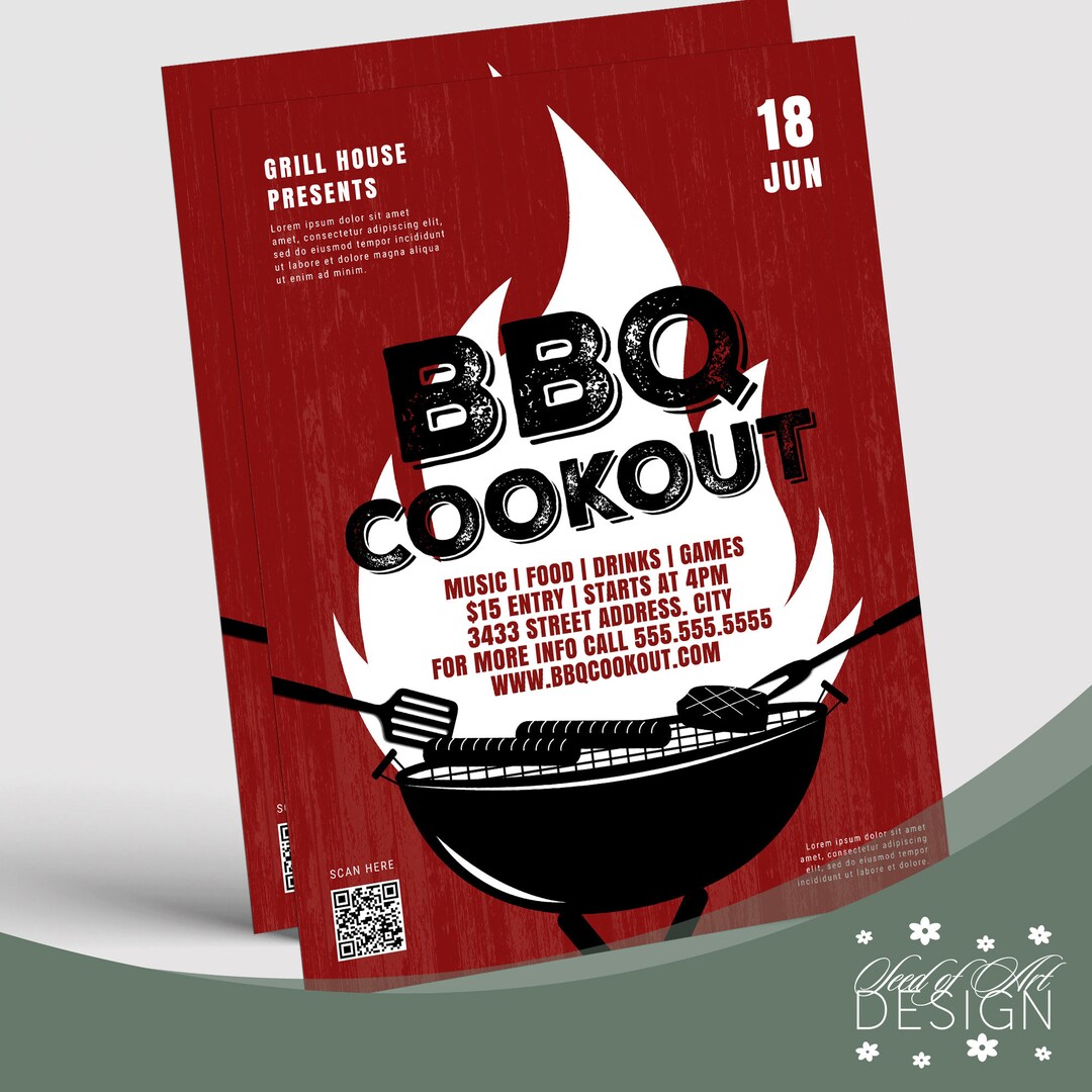 Red BBQ Cookout Grill Fire Flame Food Gathering Event 8.5x11 ...