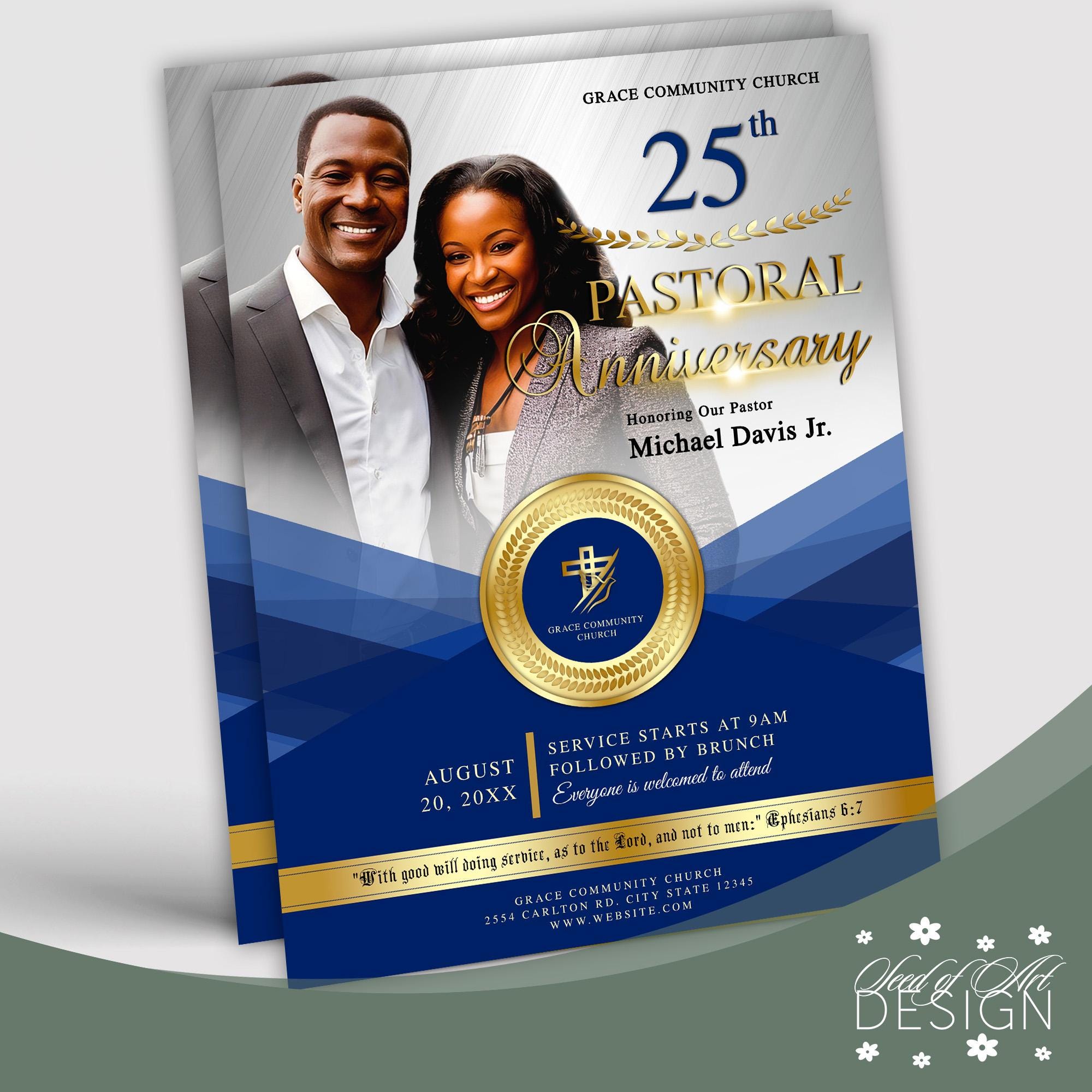 Pastoral Anniversary Flyer: Blue & Gold Church Event Template (8.5x11 ...