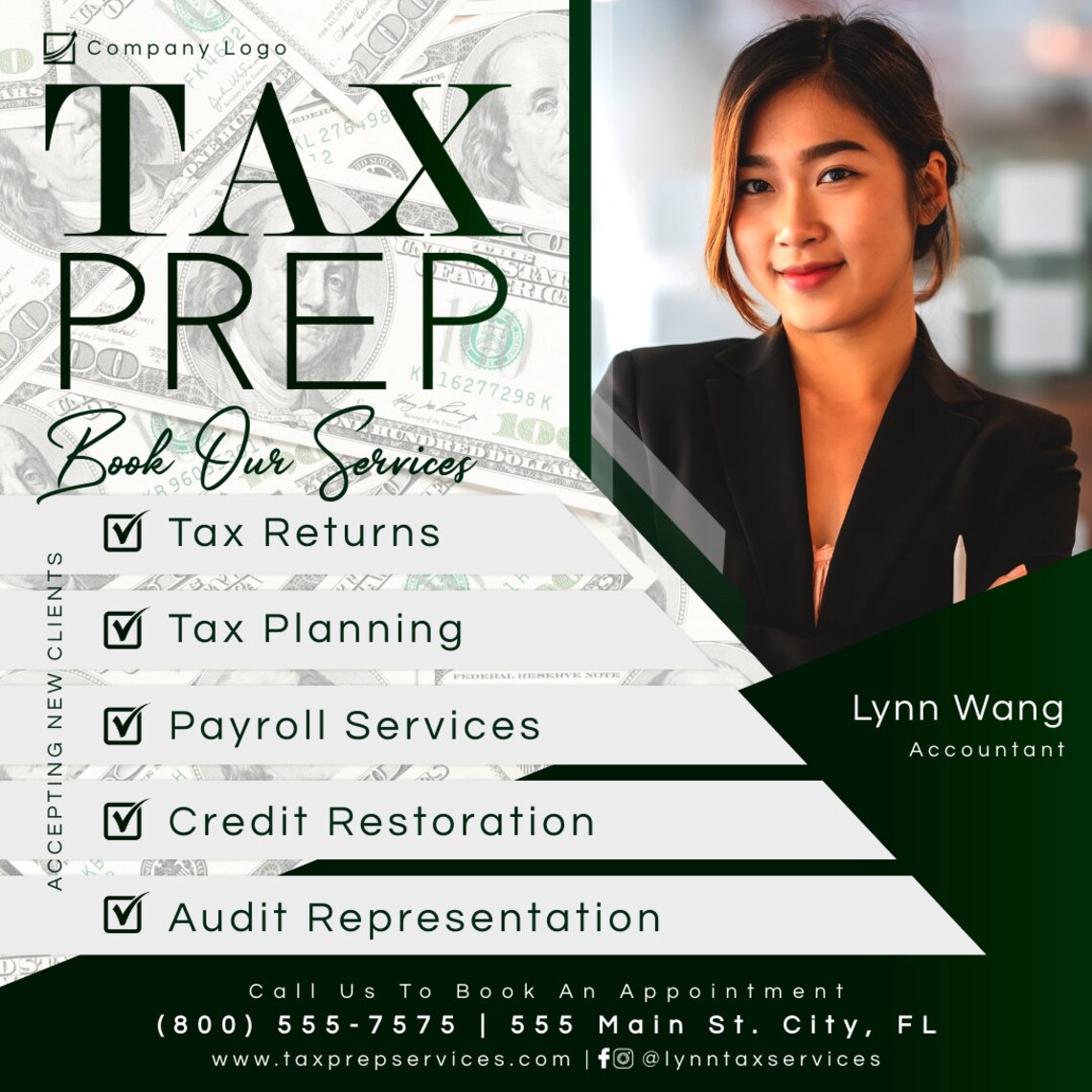EDITABLE Professional Tax Prep Service Green Money Business Template | Tax Accountant | Finances ...