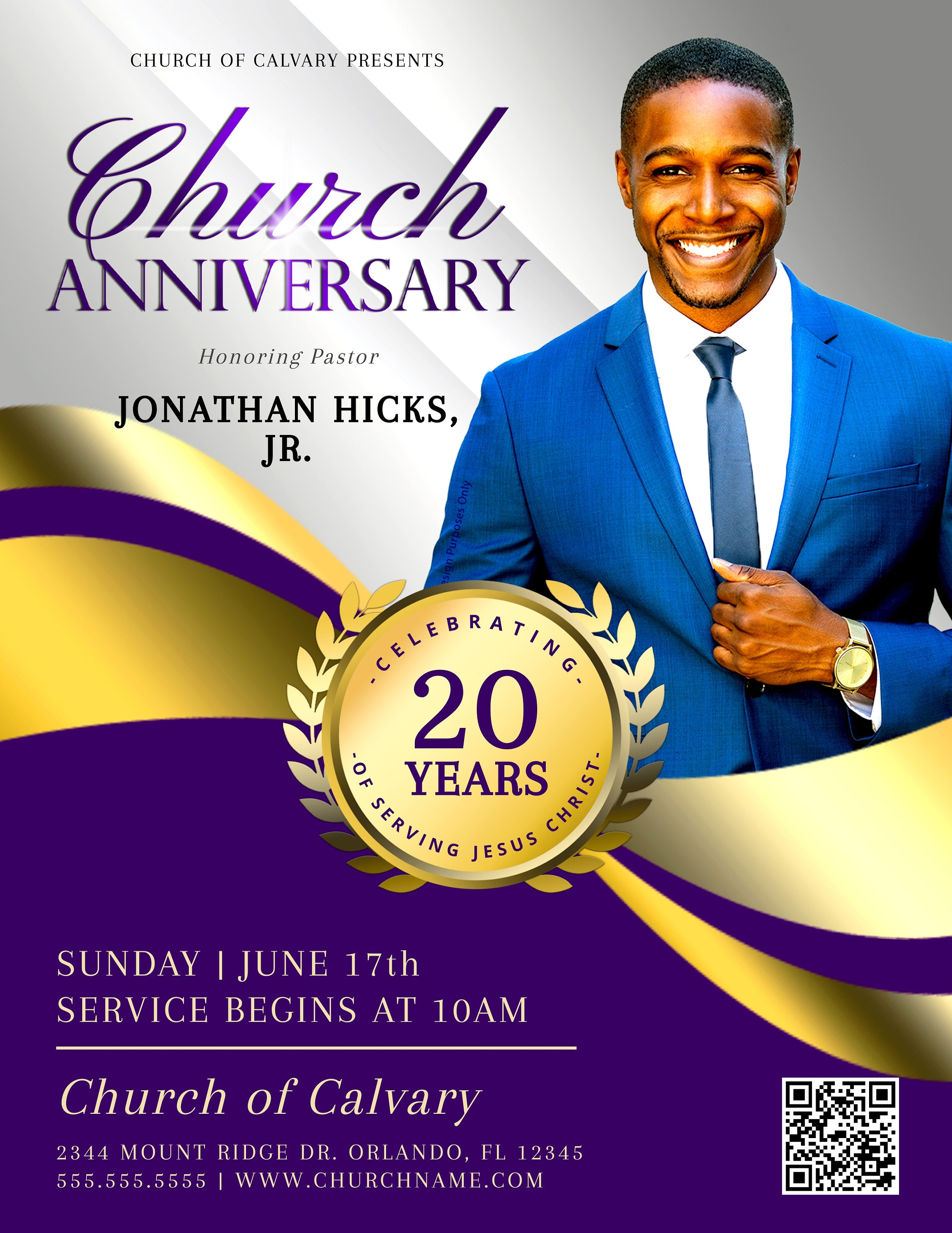EDITABLE Church Anniversary Purple & Gold Church 8.5x11 Flyer Service ...
