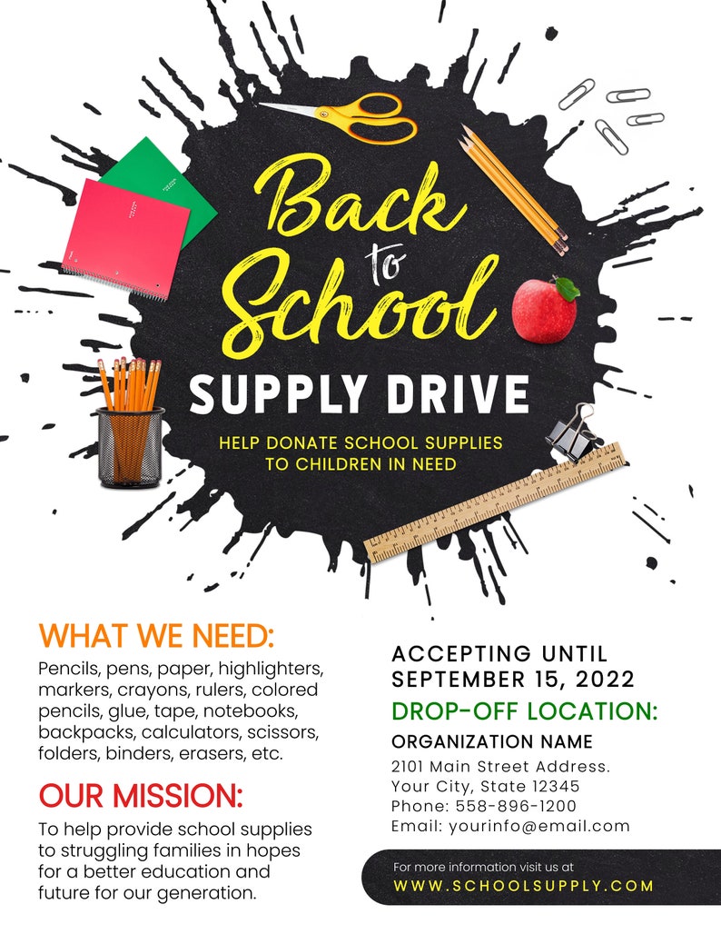 Minimal Modern Back to School Supply Drive Fundraiser Chalkboard ...