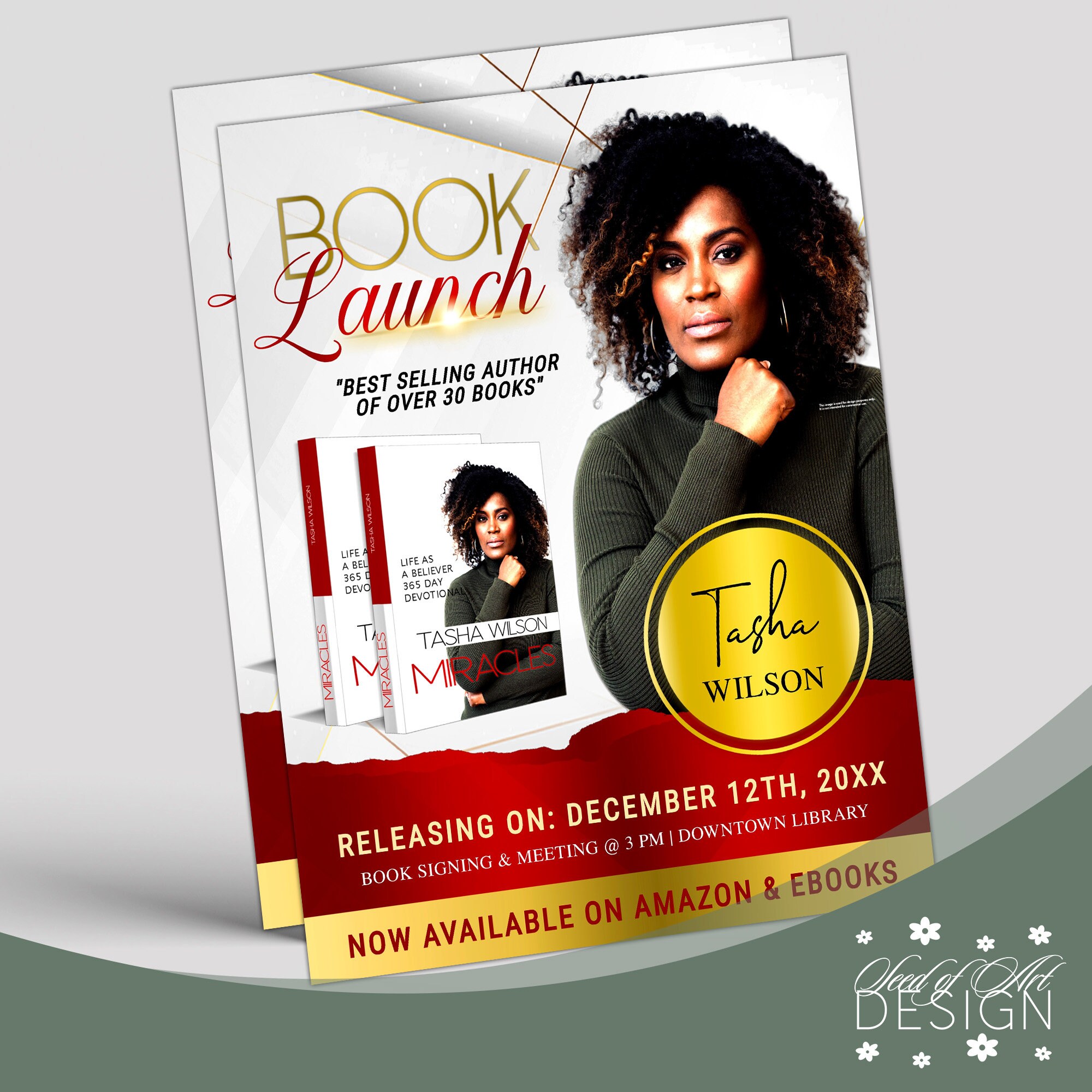 EDITABLE Red & Gold Lines Author Book Launch Release Marketing Flyer ...
