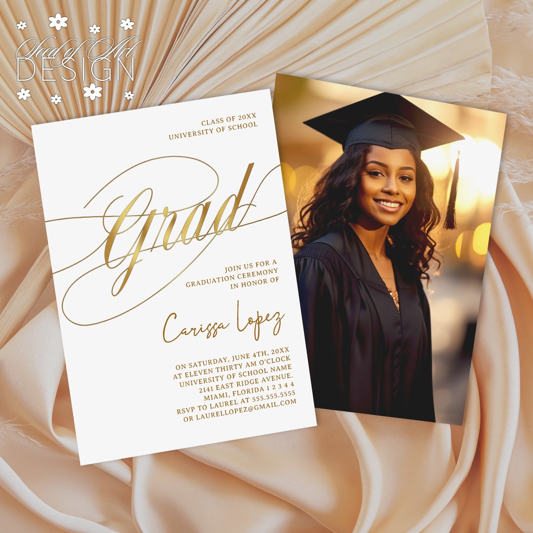 EDITABLE Elegant Minimal White & Gold Grad Calligraphy Photo 5x7 ...