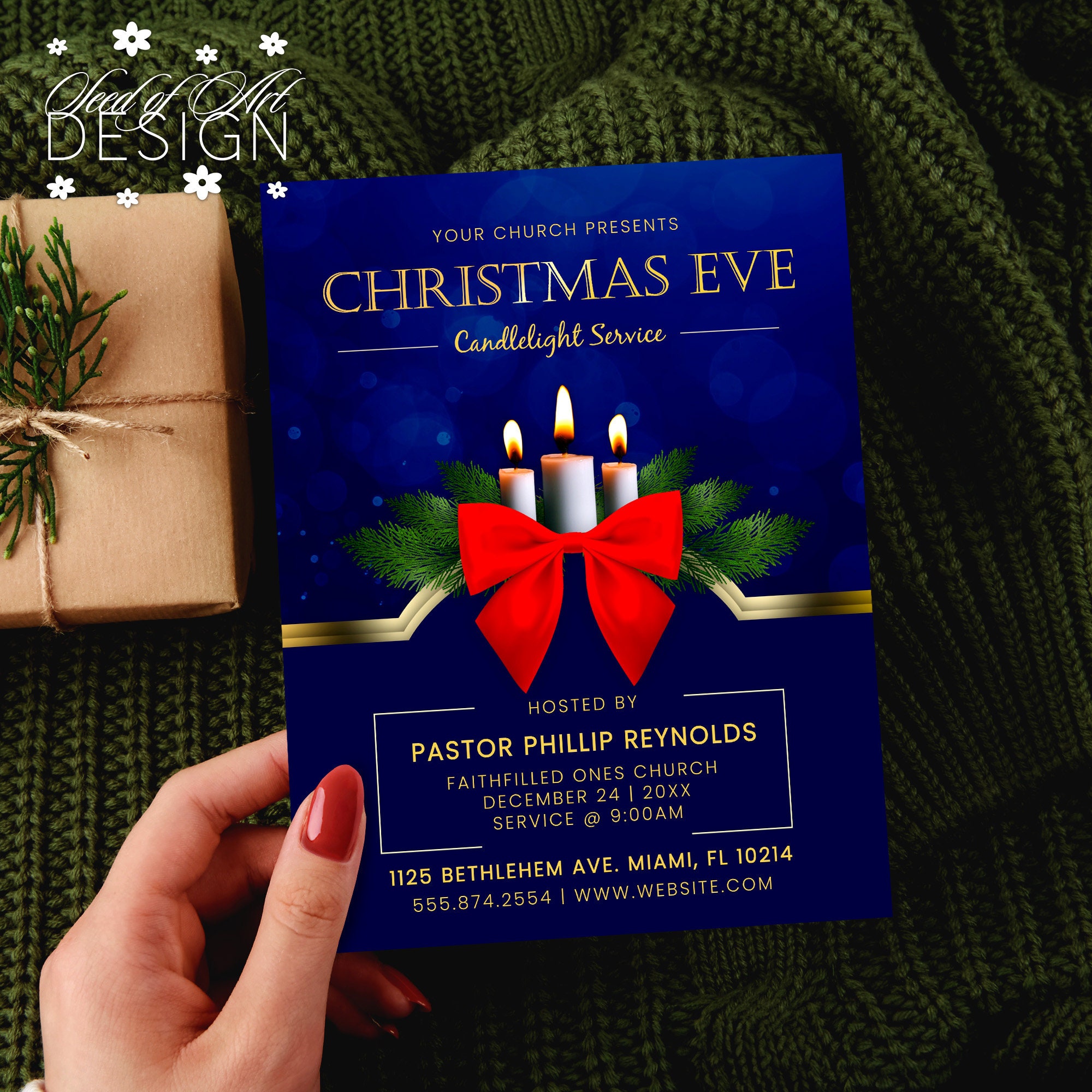 EDITABLE Elegant Blue & Gold Christmas Eve Candlelight Pine Holiday ...