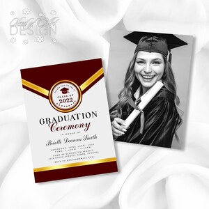 EDITABLE Elegant Red & Gold Graduation Ceremony Photo 5x7 Stationery ...