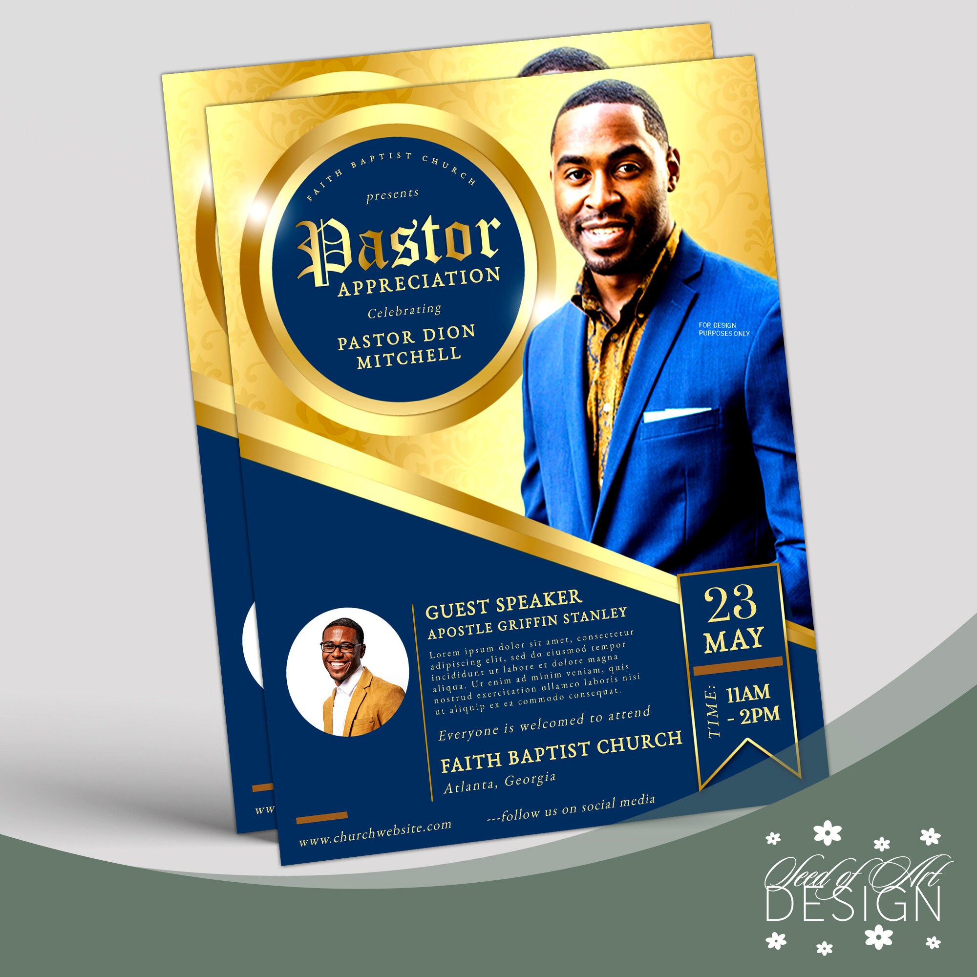 EDITABLE Vintage Blue & Gold Pastor Appreciation Church 8.5X11 Flyer ...