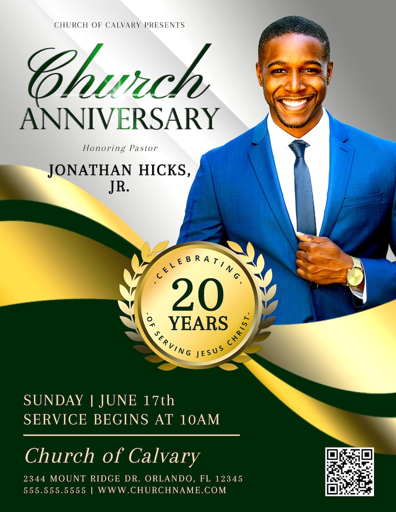 EDITABLE Church Anniversary Green & Gold Church 8.5x11 Flyer | Pastoral ...