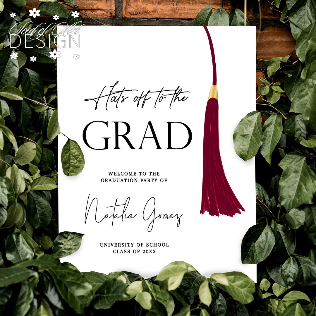 Hats off to the Grad Maroon Gold Tassel White Graduation 18x24 Welcome ...