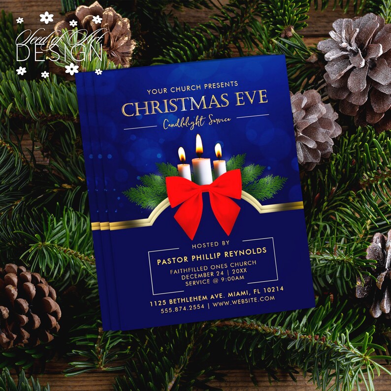 EDITABLE Elegant Blue & Gold Christmas Eve Candlelight Pine Holiday ...