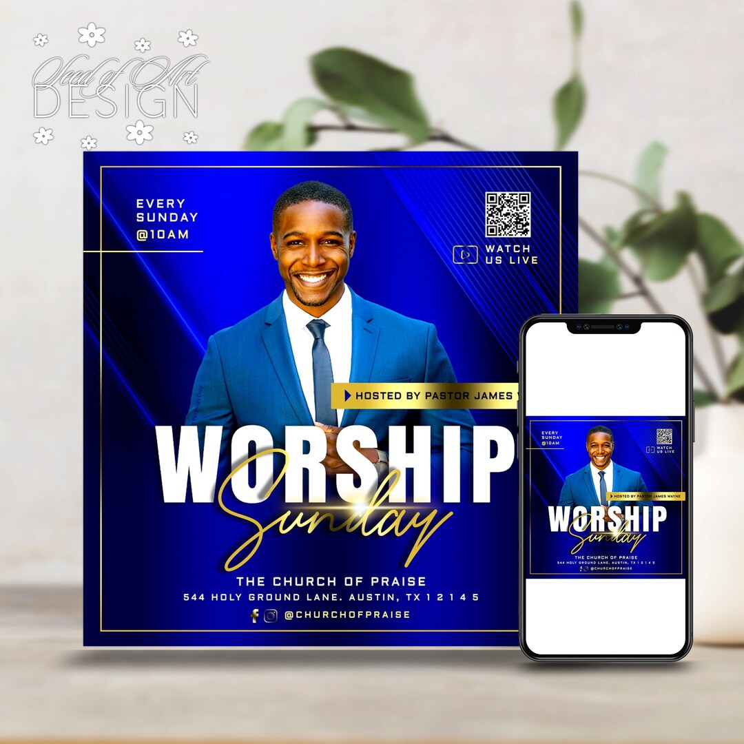 EDITABLE Clean Blue & Gold Church Worship Sunday Service Template ...