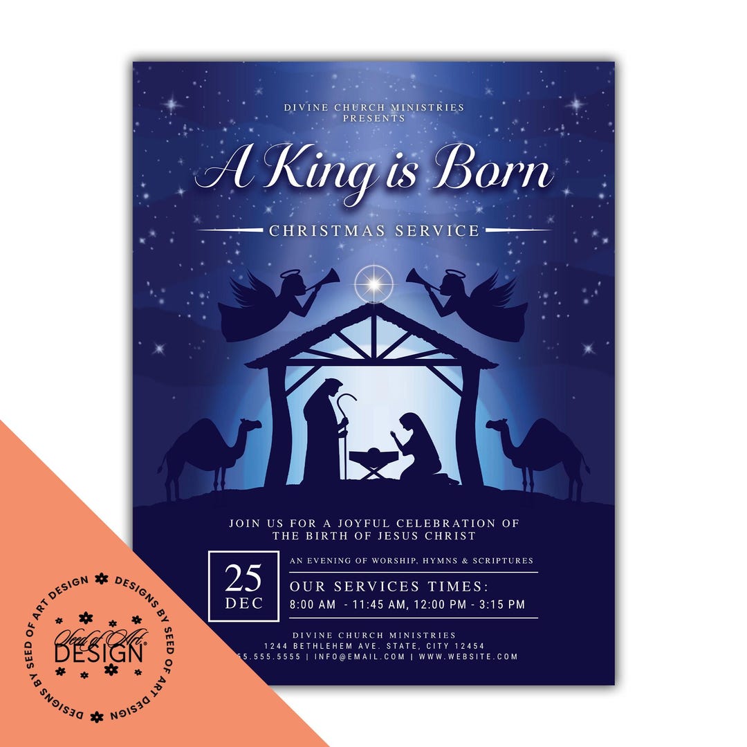 Blue Nativity Scene Christmas Church Service A King is Born Flyer (8 ...