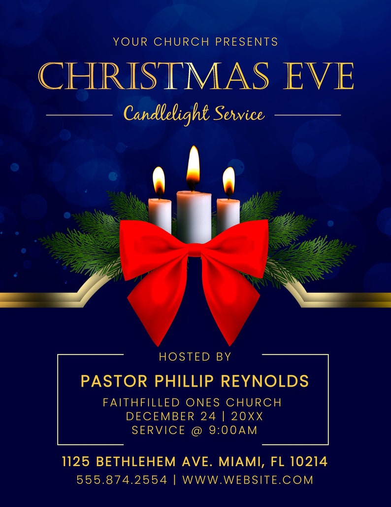 EDITABLE Elegant Blue & Gold Christmas Eve Candlelight Pine Holiday ...