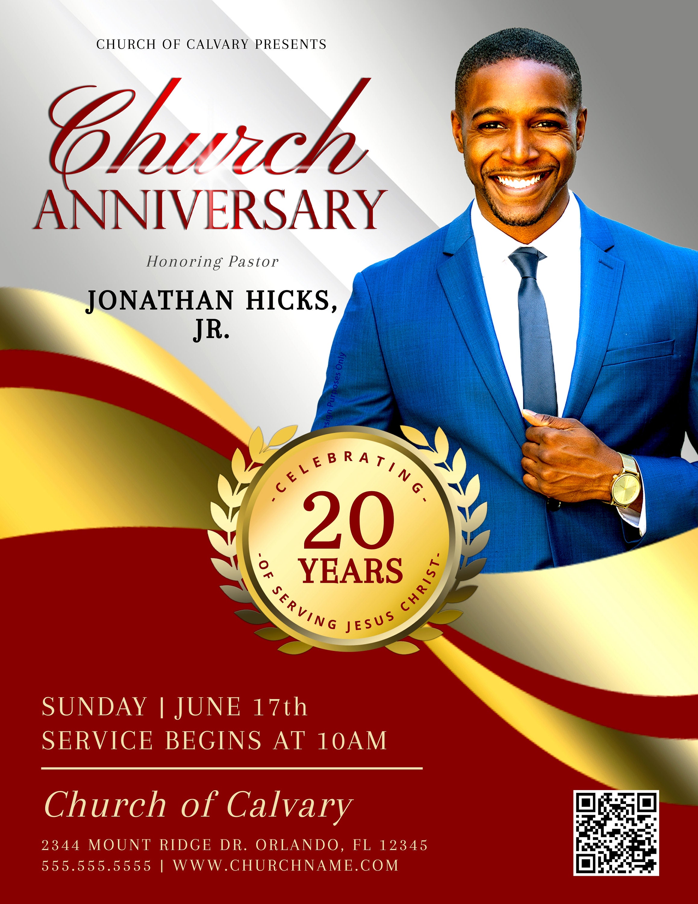 Church Anniversary Flyer: Red & Gold Celebration Template (8.5x11 CORJL ...