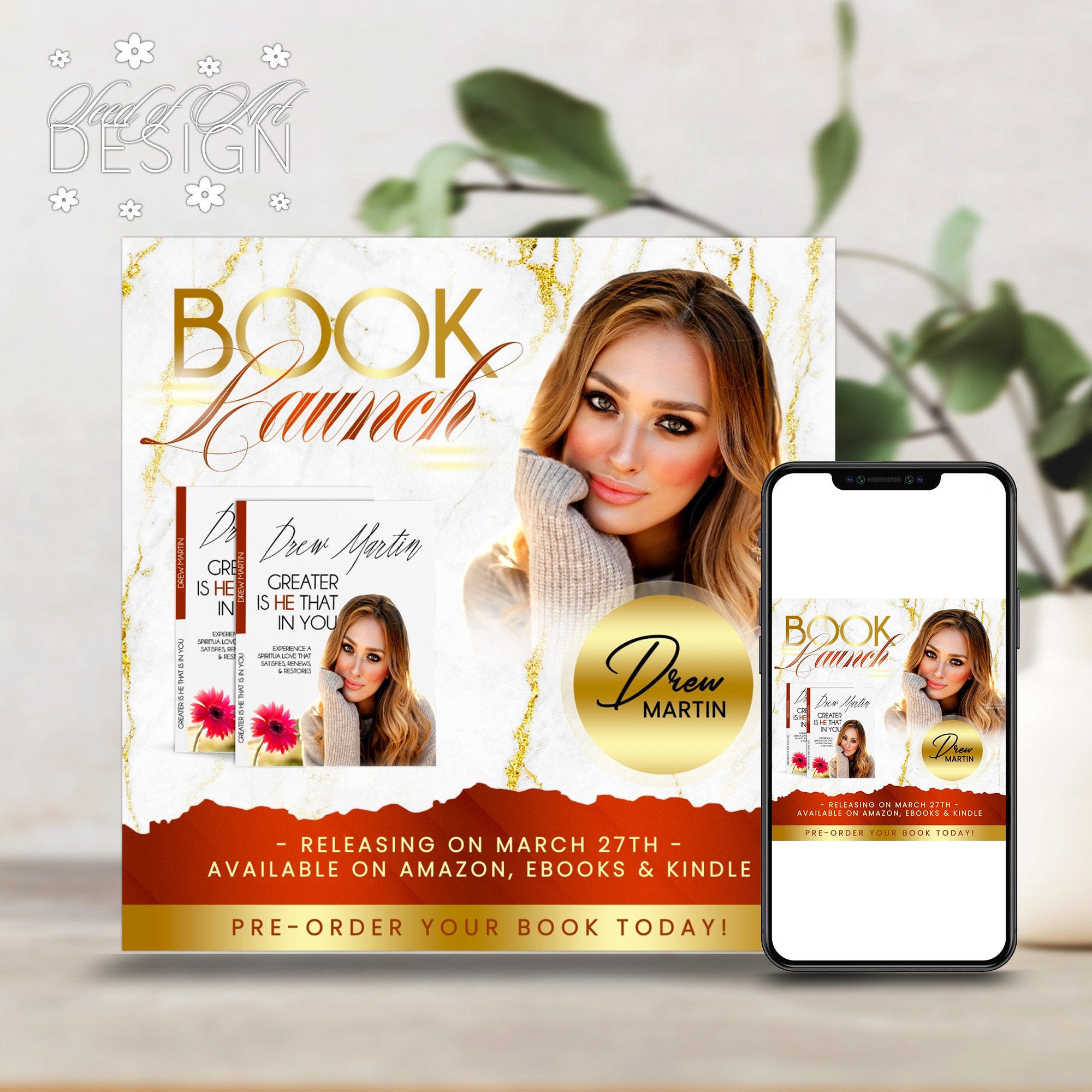 EDITABLE Burnt Orange & Gold Marble Book Launch Release Marketing ...