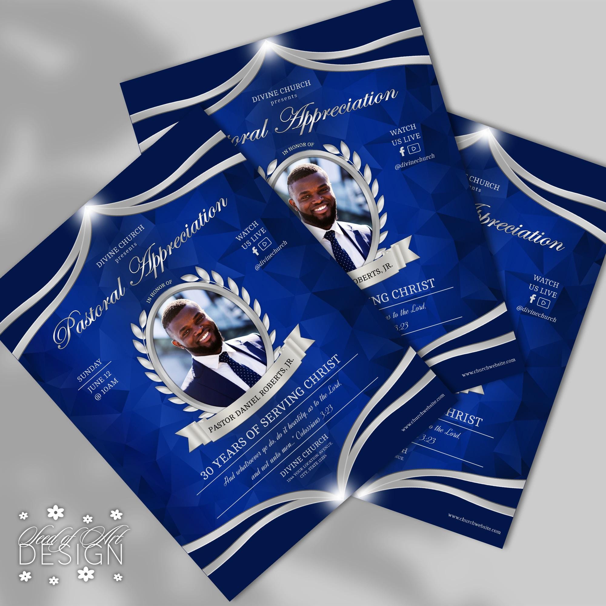 Pastoral Appreciation Flyer Church Template in Blue & Silver (8.5x11 ...