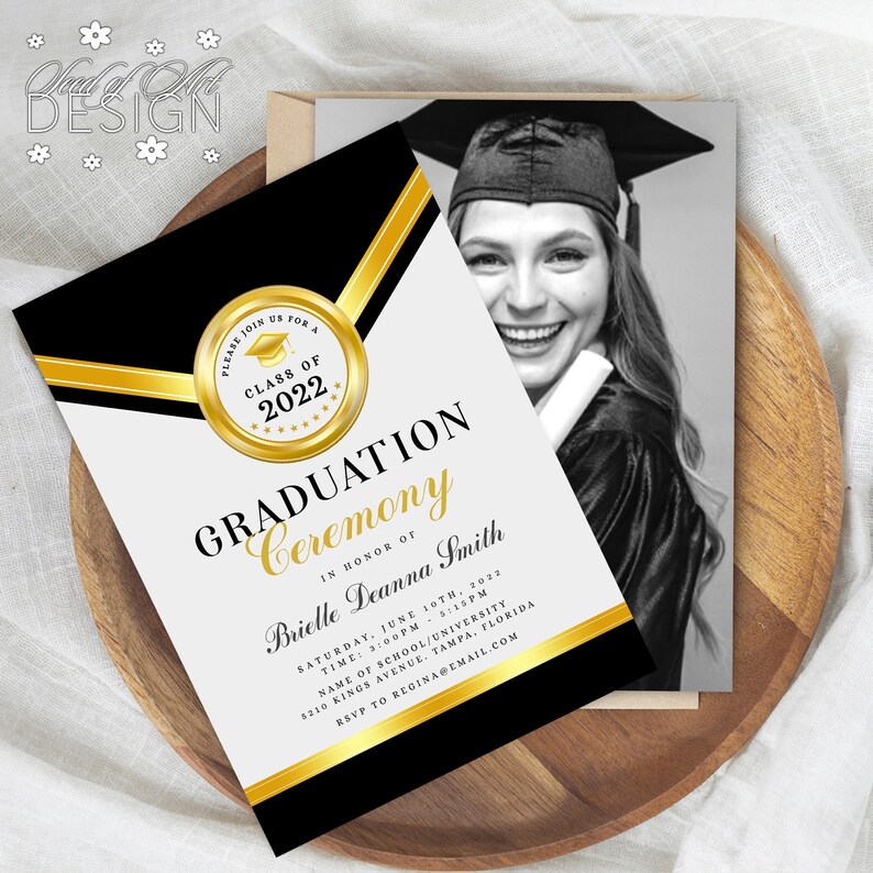 Elegant Black & Gold Graduation Ceremony Photo 5x7 Stationery ...