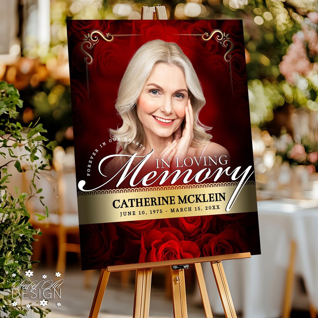Red Rose Obituary Funeral Photo Sign: Vintage Memorial Service Decor ...