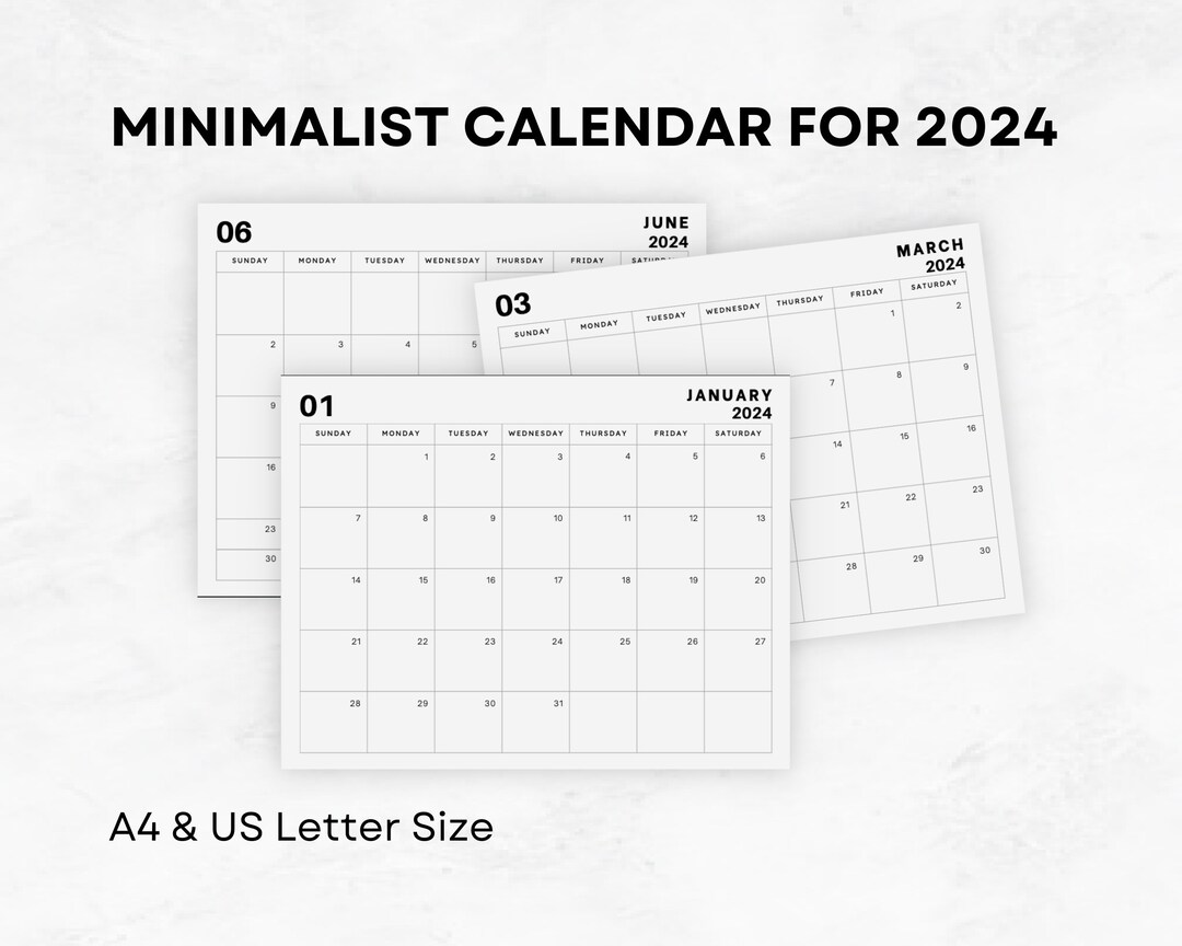 2024 Calendar Monthly Printable Minimalist Monthly Calendar A4 Us Size