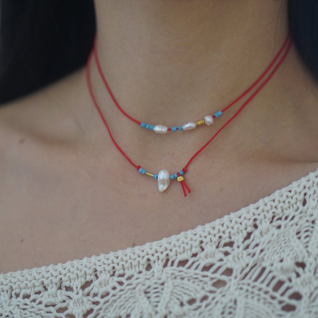 Tiny Freshwater Pearl Necklace, Minimalist Necklace, Red Lucky String ...