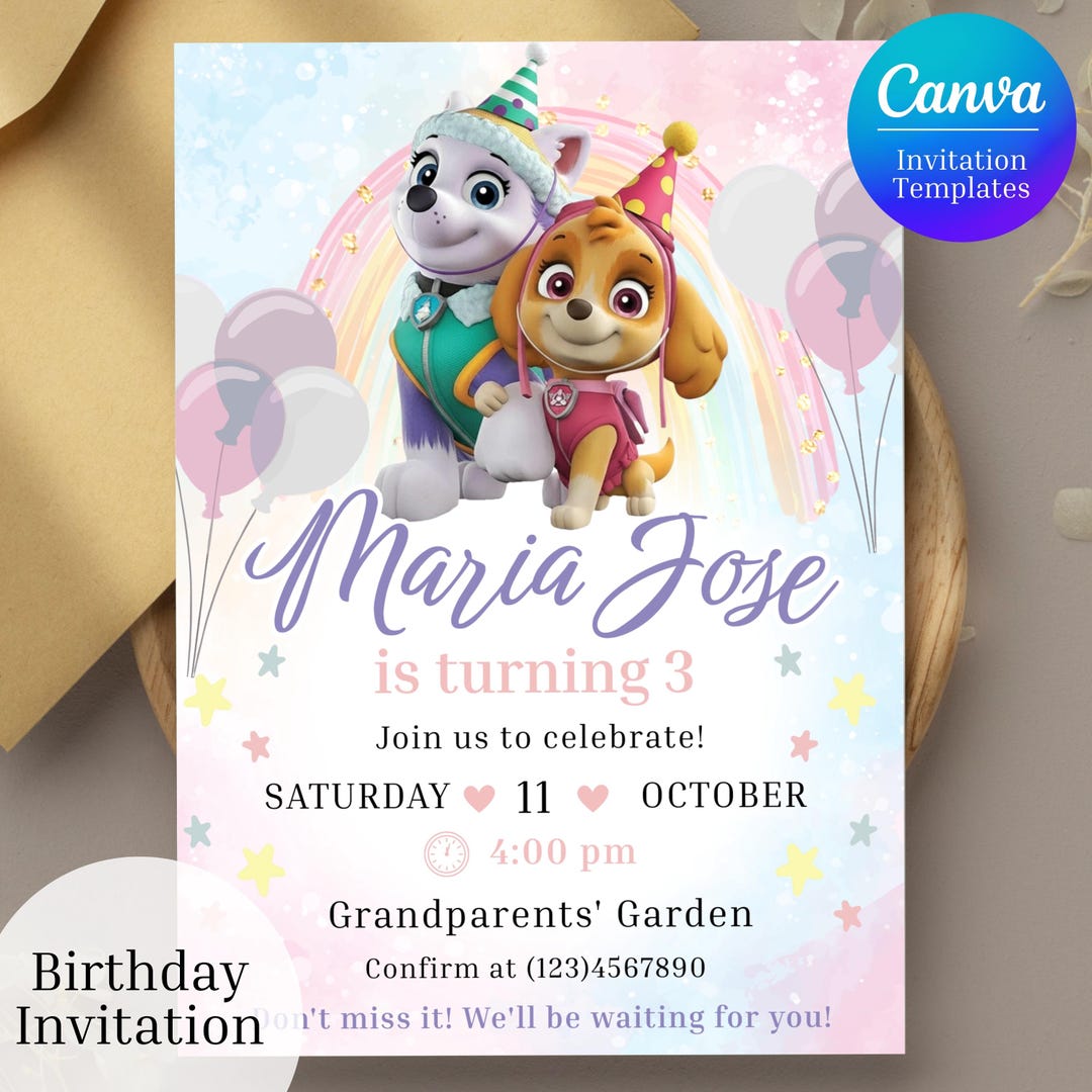 Paw Patrol Skye and Everest Invitation | Editable Canva Template ...