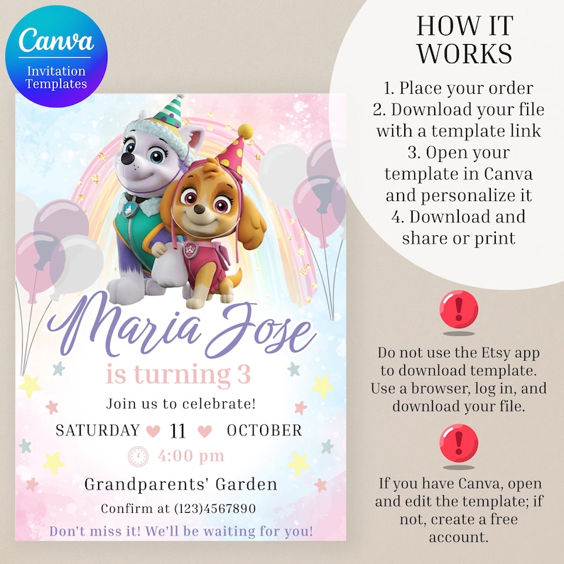 Paw Patrol Skye and Everest Invitation | Editable Canva Template ...