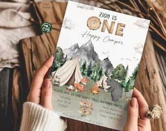 One Happy Camper Invitation Camping Birthday Invite Camper Party First Birthday 1st Camping Bear ...