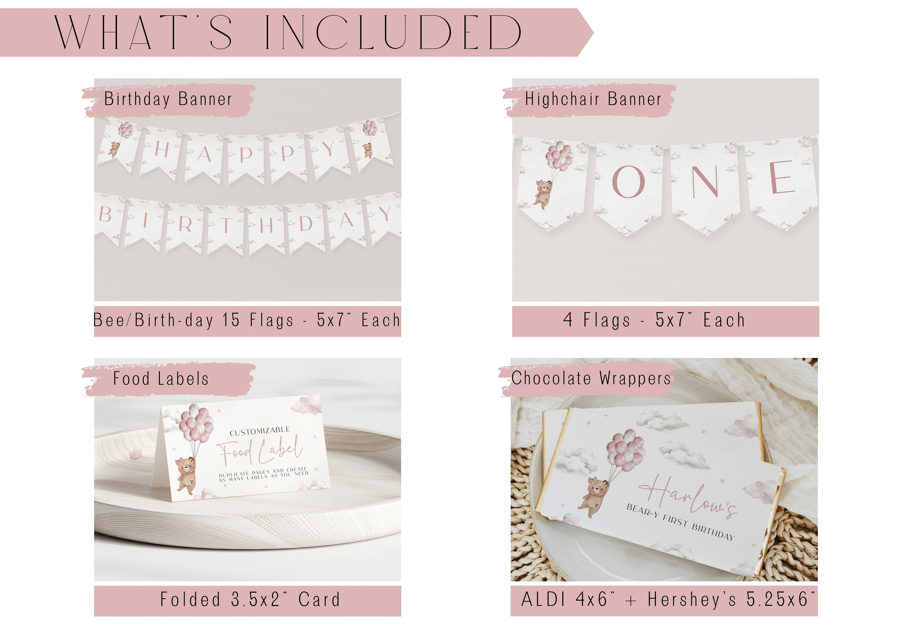 Editable Girls Beary 1st Birthday Bundle, Teddy Bear Balloons Invite ...