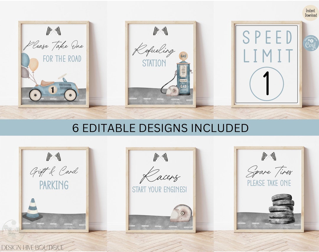 Editable Racing Party Signs Bundle, Fast One Birthday First Lap Around ...