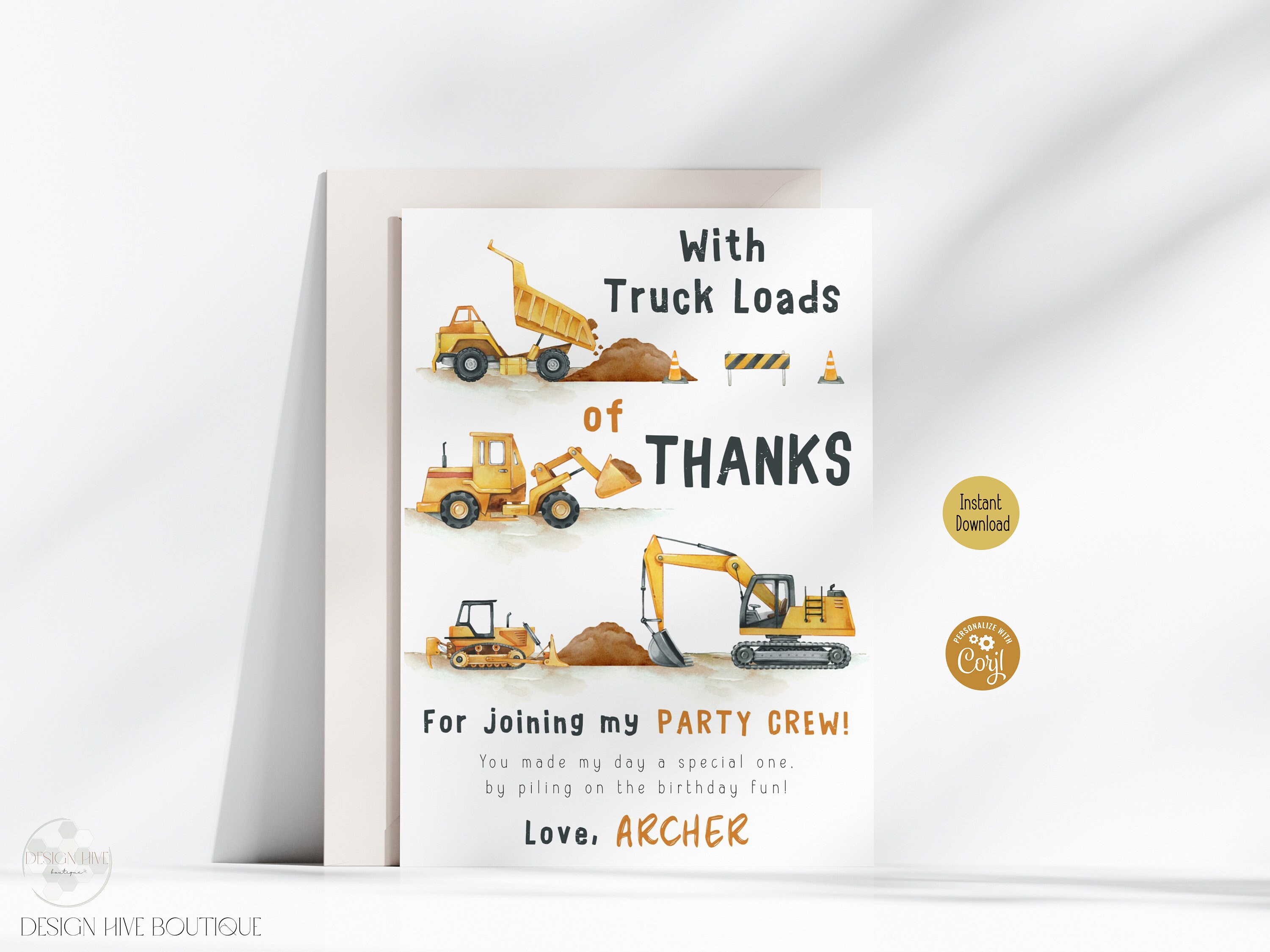 Editable Construction Birthday Thank You Card Template Construction