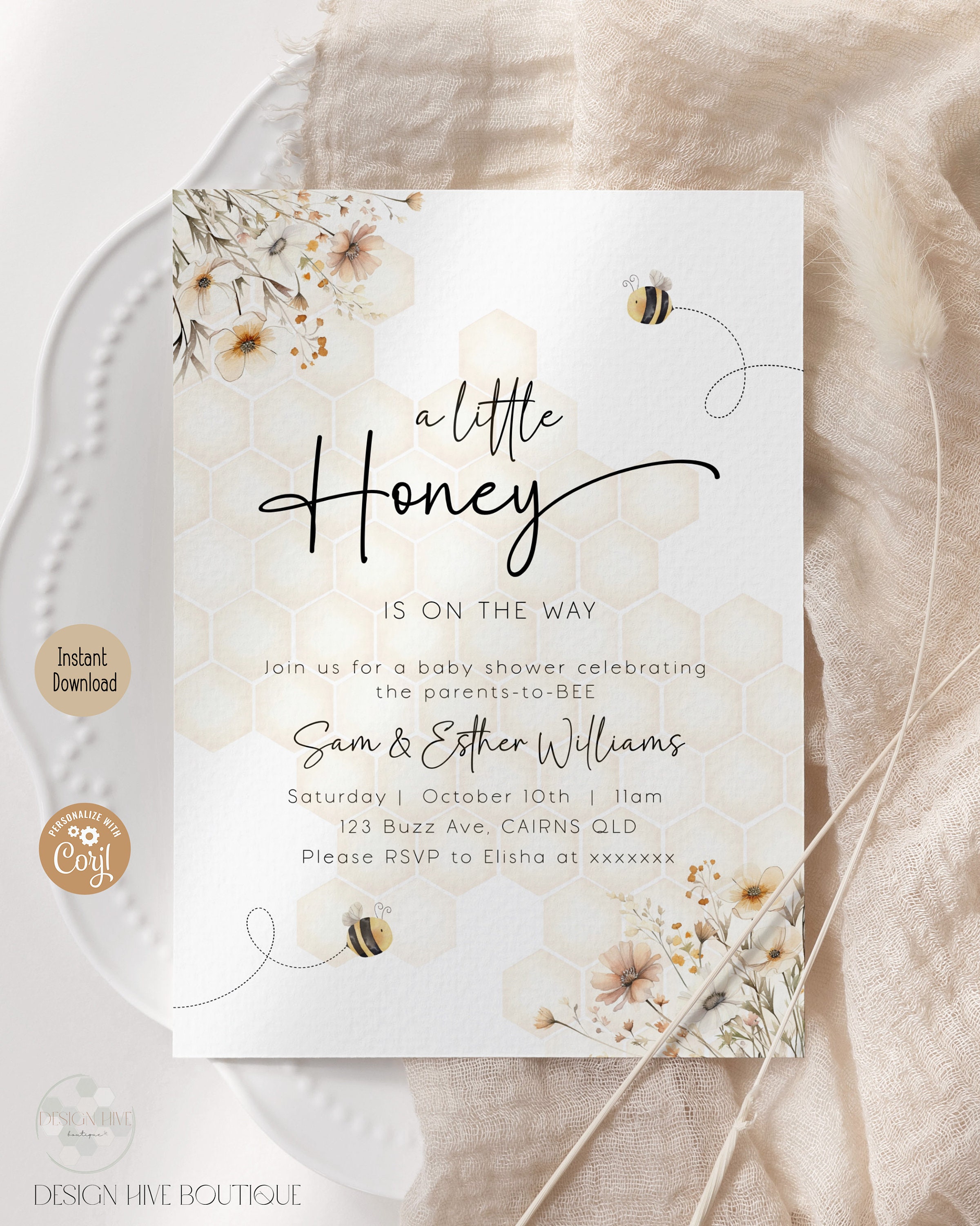 Editable A Little Honey is on the Way Baby Shower Invitation Gender ...