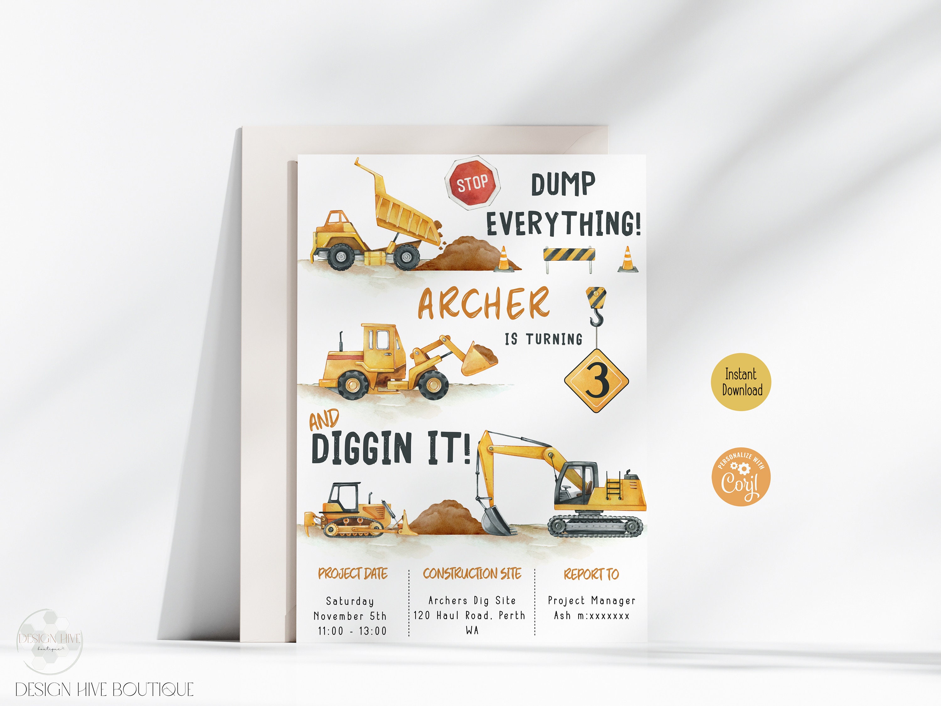 Editable Construction Birthday Invitation Bundle Diggin It Party Third ...