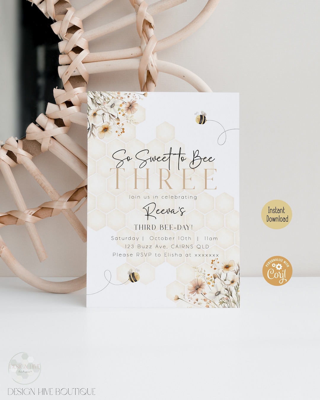 Editable Sweet to Bee THREE First Birthday Invitation Honey Bee Any Age ...