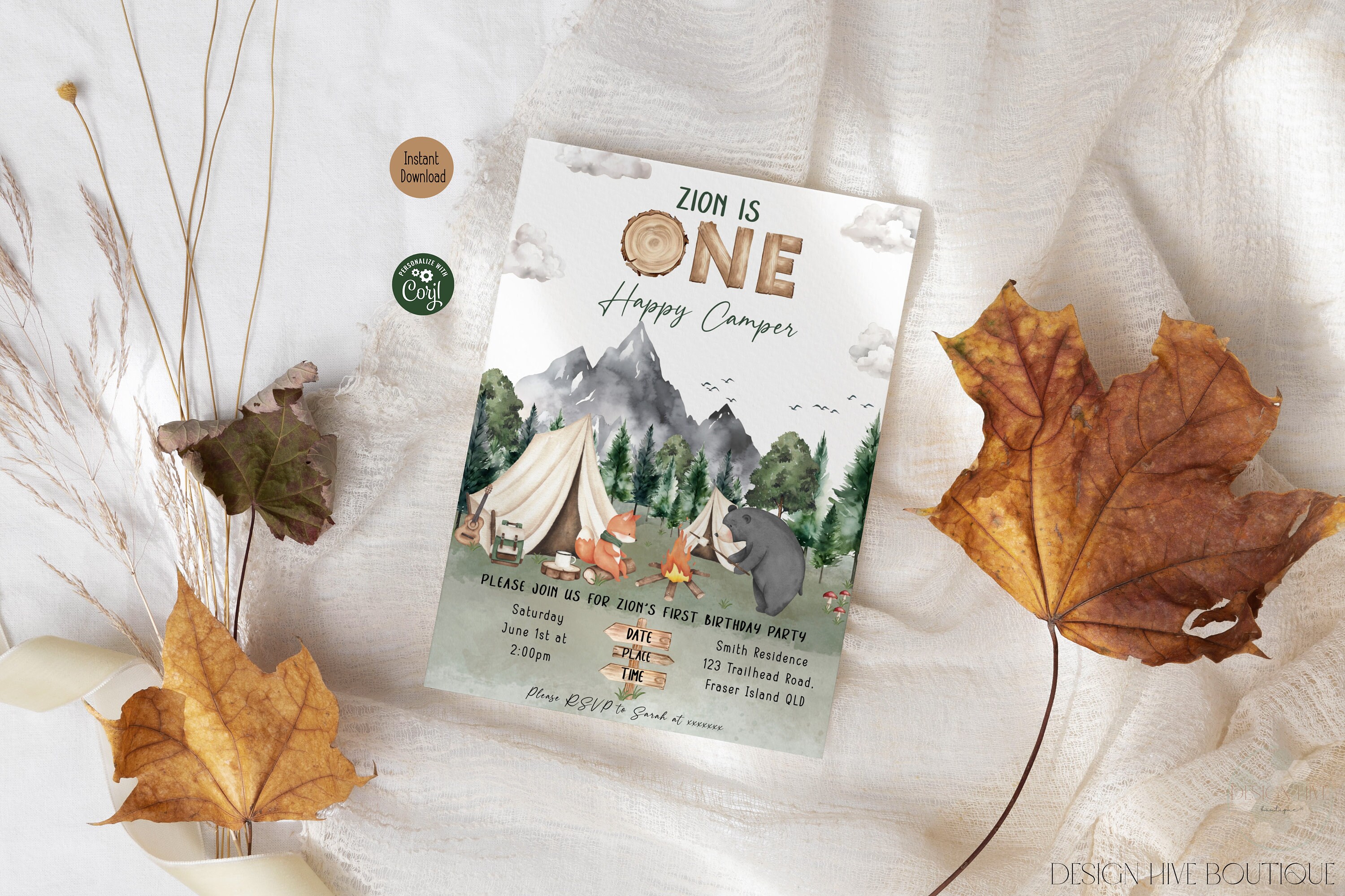 Editable One Happy Camper First Birthday Invitation Template, Boys Camping Birthday Invite ...