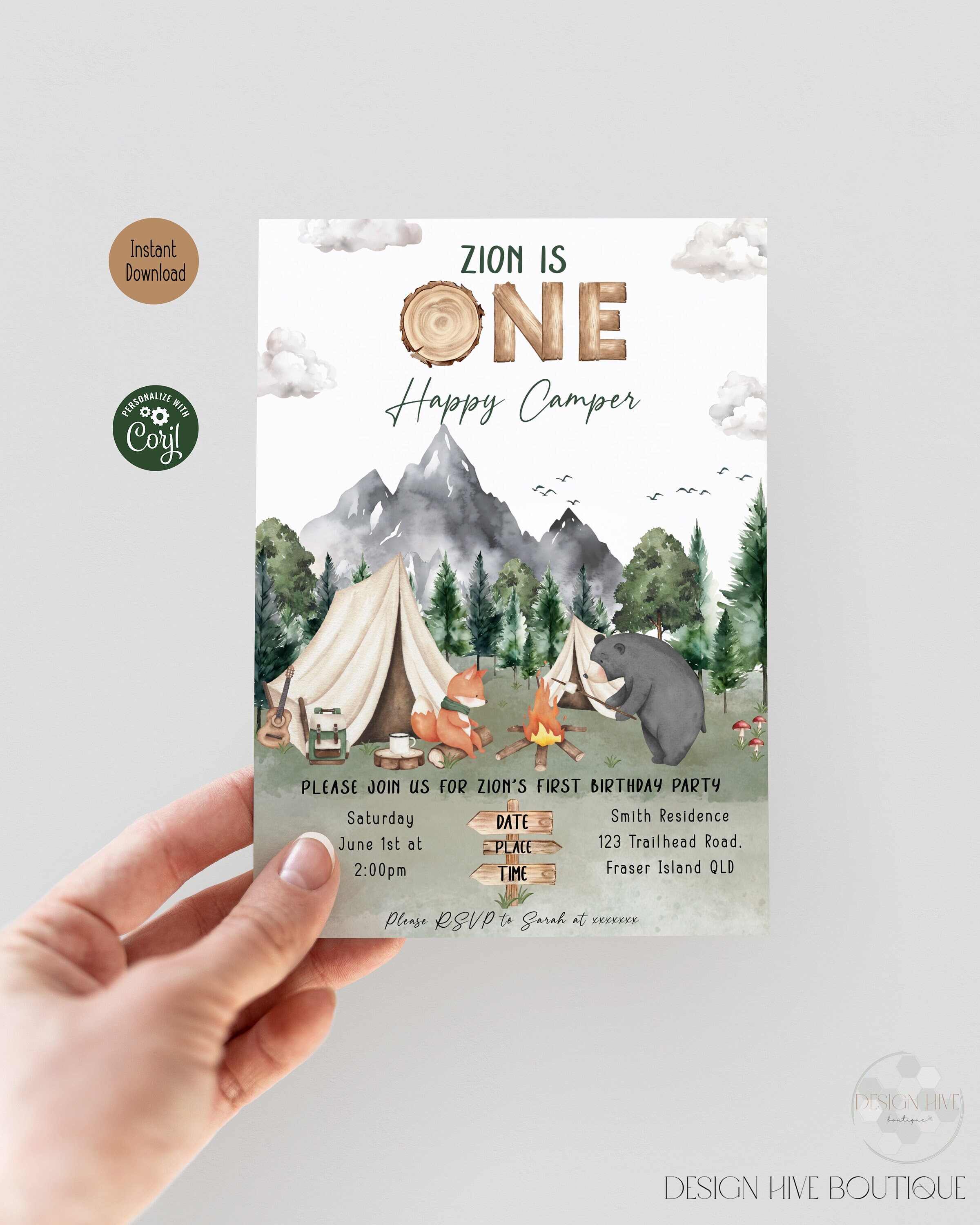 Editable One Happy Camper First Birthday Invitation Template, Boys Camping Birthday Invite ...