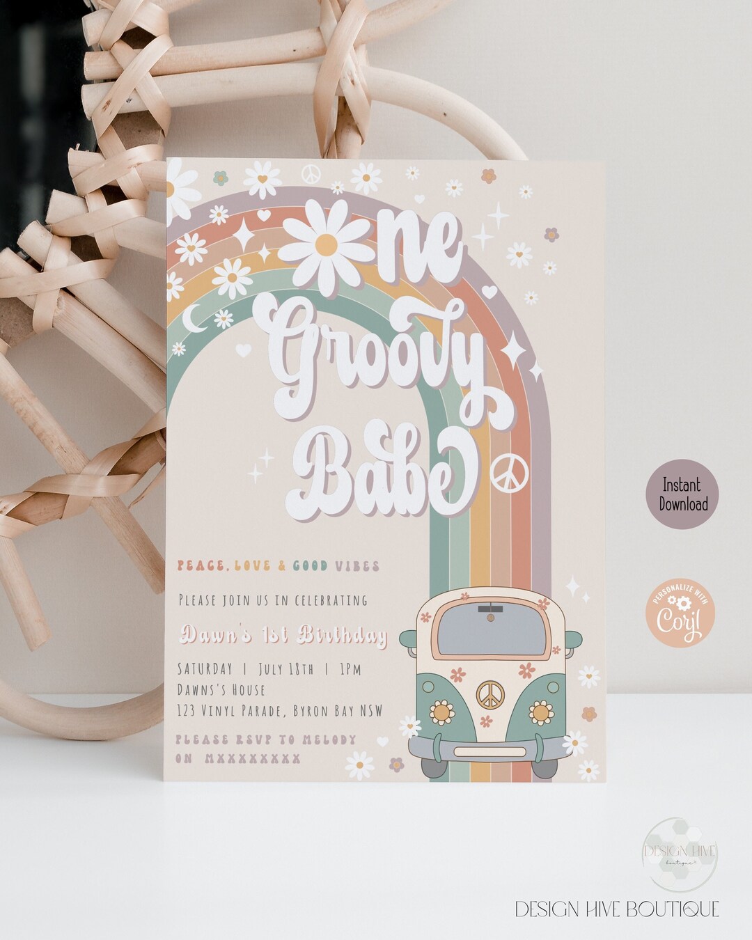 Editable One Groovy Babe 1st Birthday Invitation, Retro First Birthday ...