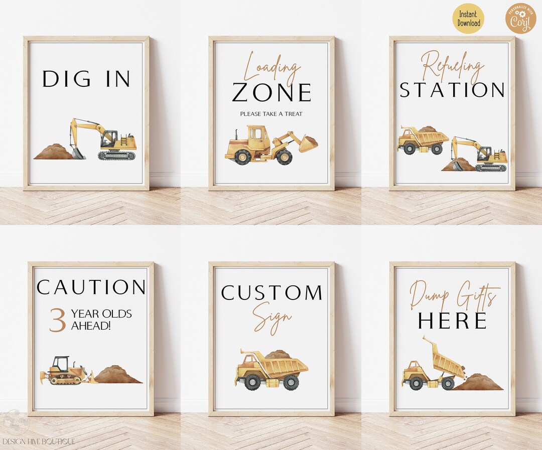 Editable Construction Themed Party Sign Bundle, Minimalist Can You Dig ...