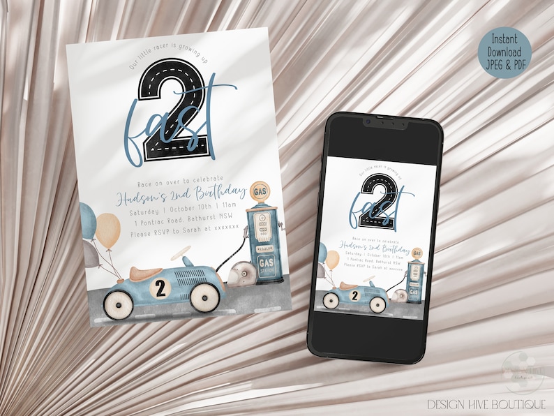 Two Fast Birthday Invitation | Blue Racecar Theme 2nd Birthday Invite ...