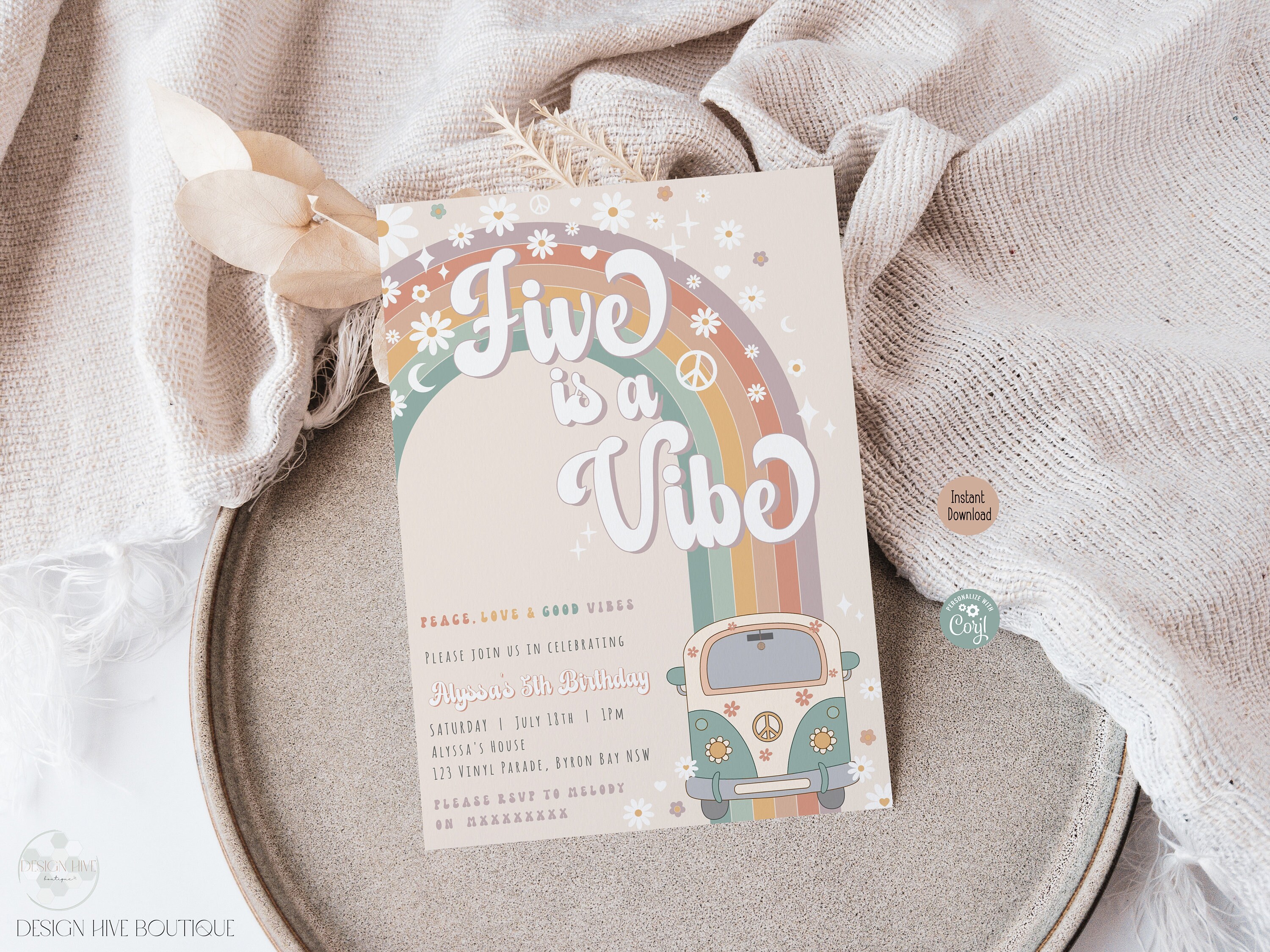 Editable Groovy 5th Birthday Invitation, Five is A Vibe Retro Birthday ...