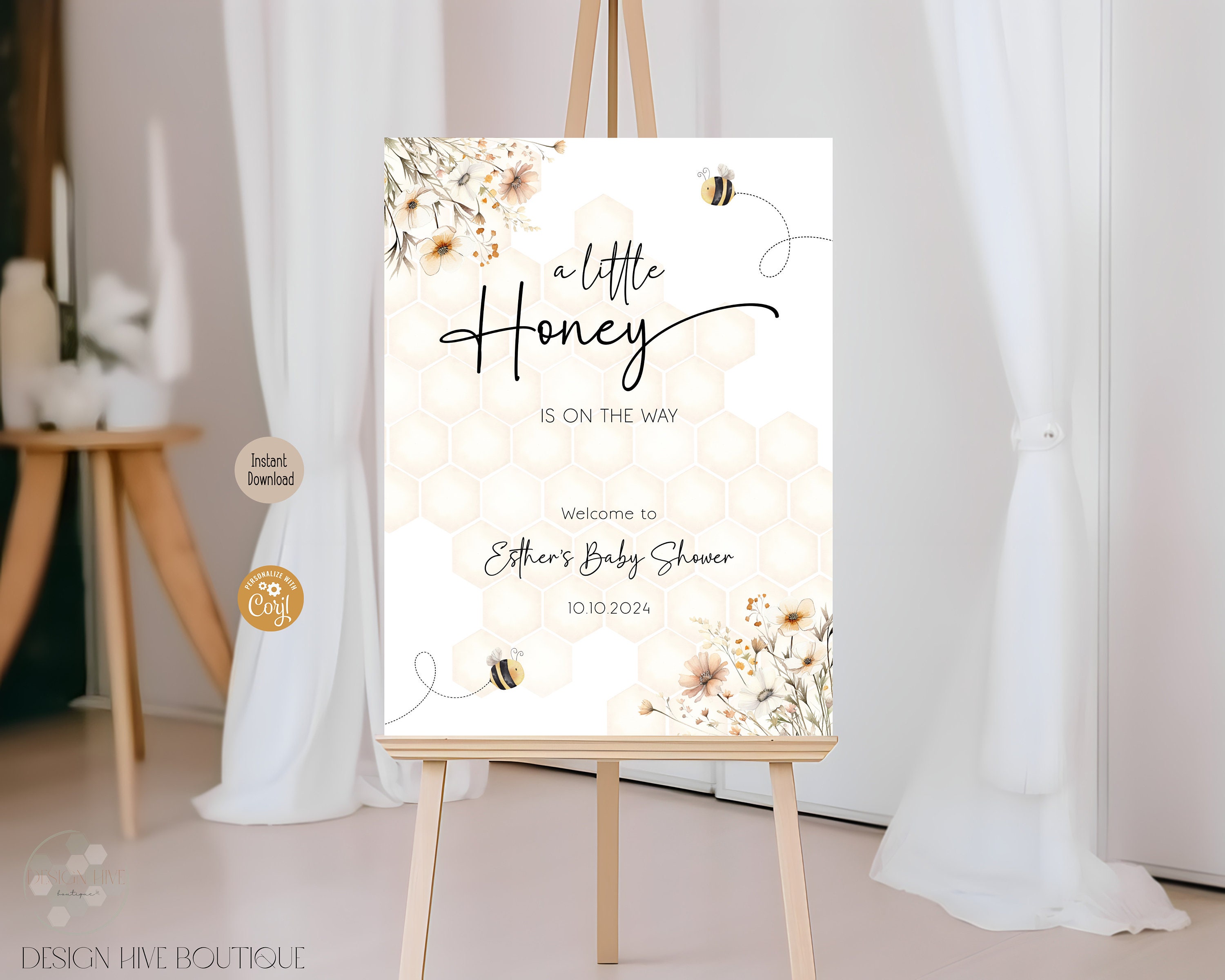 Editable A Little Honey is on the Way Welcome Sign | Neutral Bee Baby ...