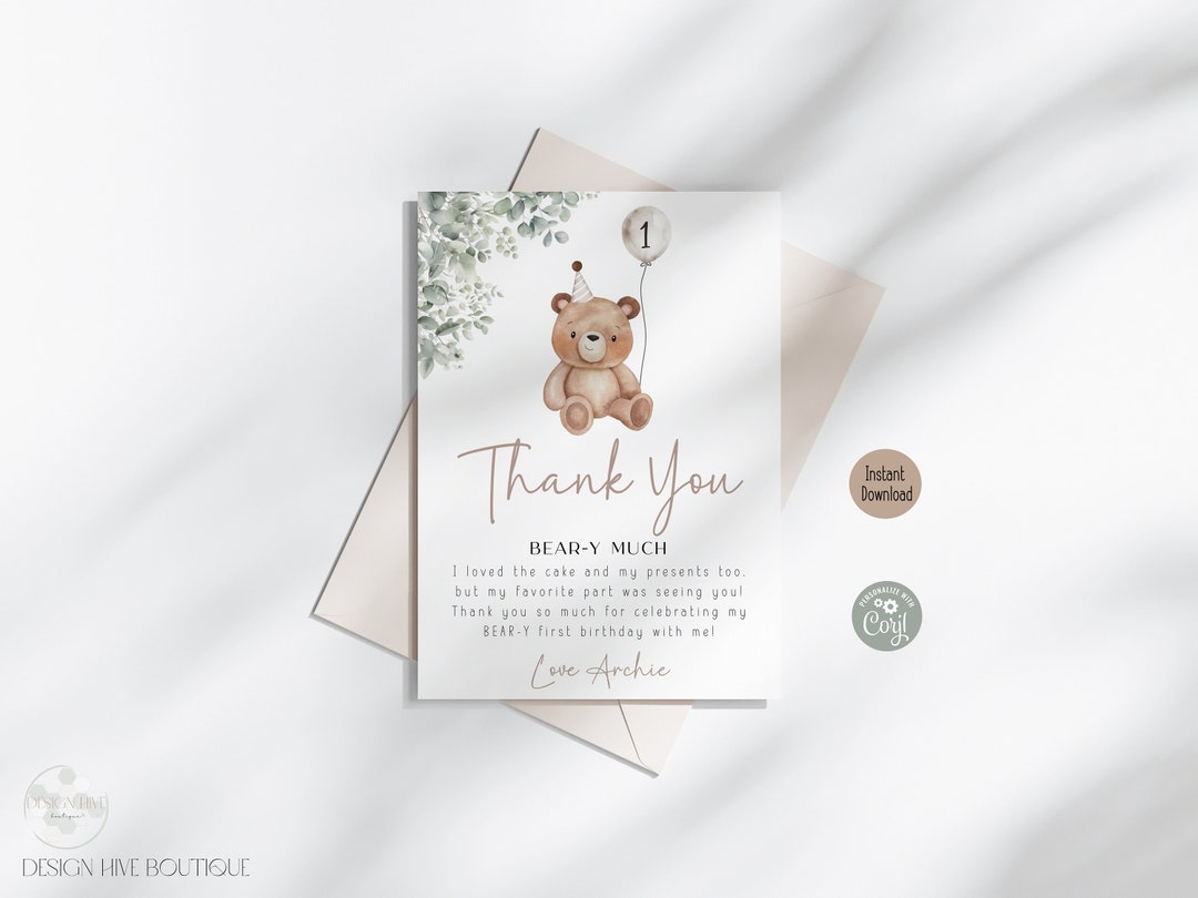 Editable Greenery Bear Birthday Thank You Card Template 3.5x5 ...