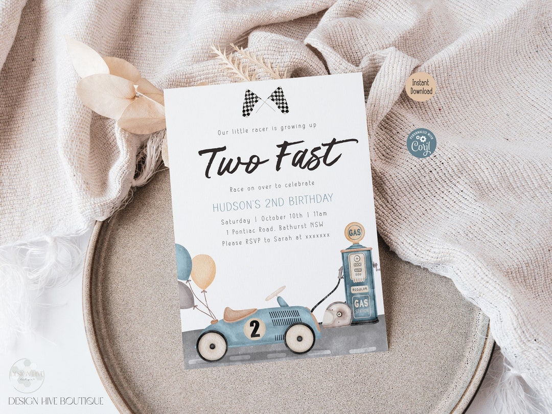 Editable Two Fast Birthday Invitation | Blue Racecar Theme 2nd Birthday ...
