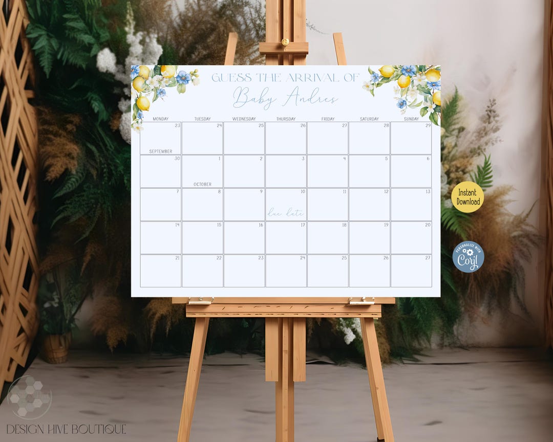Lemon Baby Shower Due Date Calendar | Editable Blue Citrus Theme ...