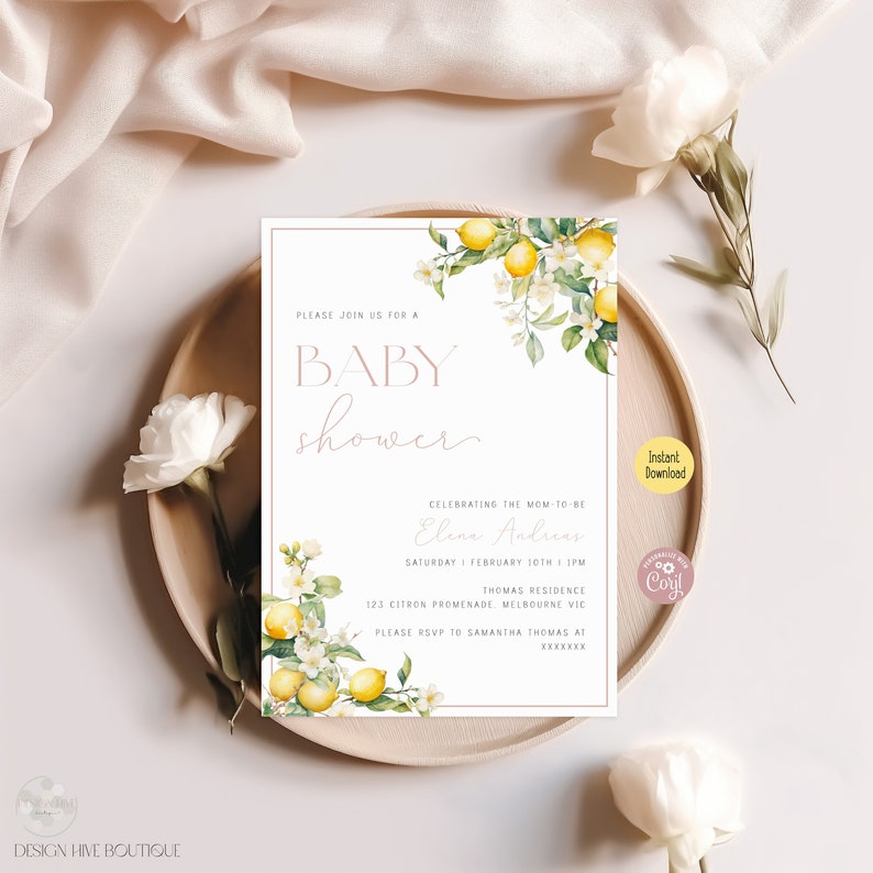 Editable Lemon Baby Shower Invitation, Minimalist Citrus Baby Brunch ...