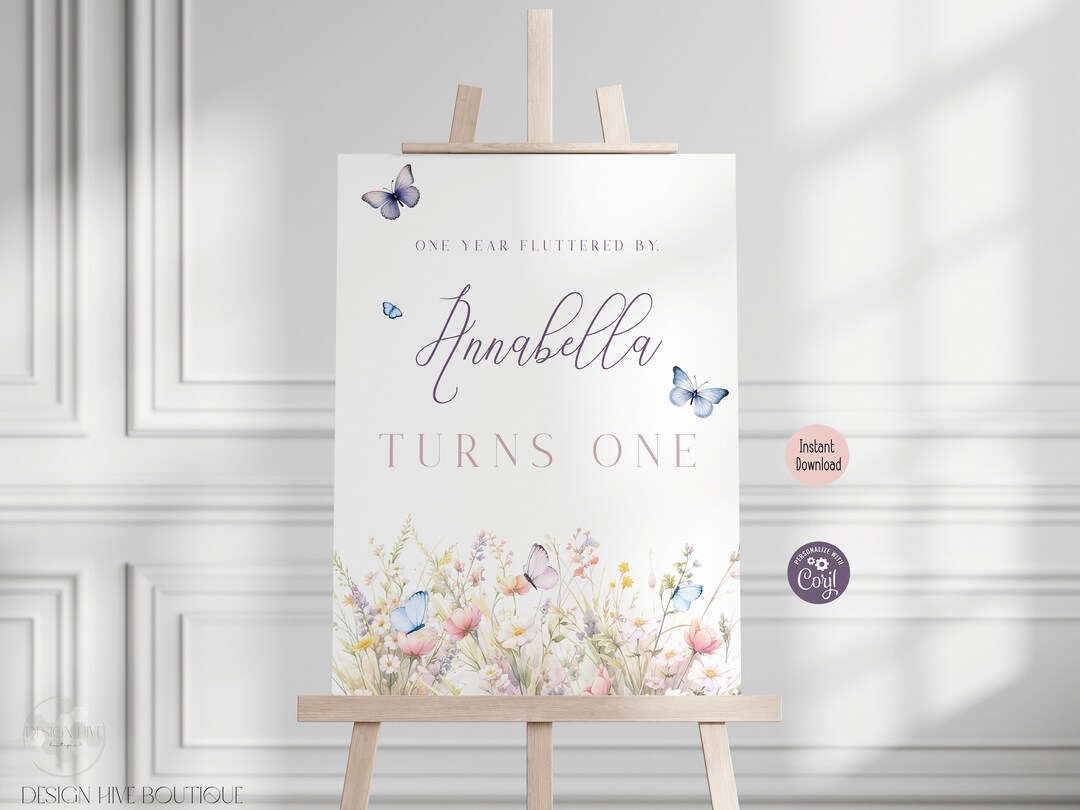 Butterfly First Birthday Welcome Sign | Editable Purple Floral Girl ...