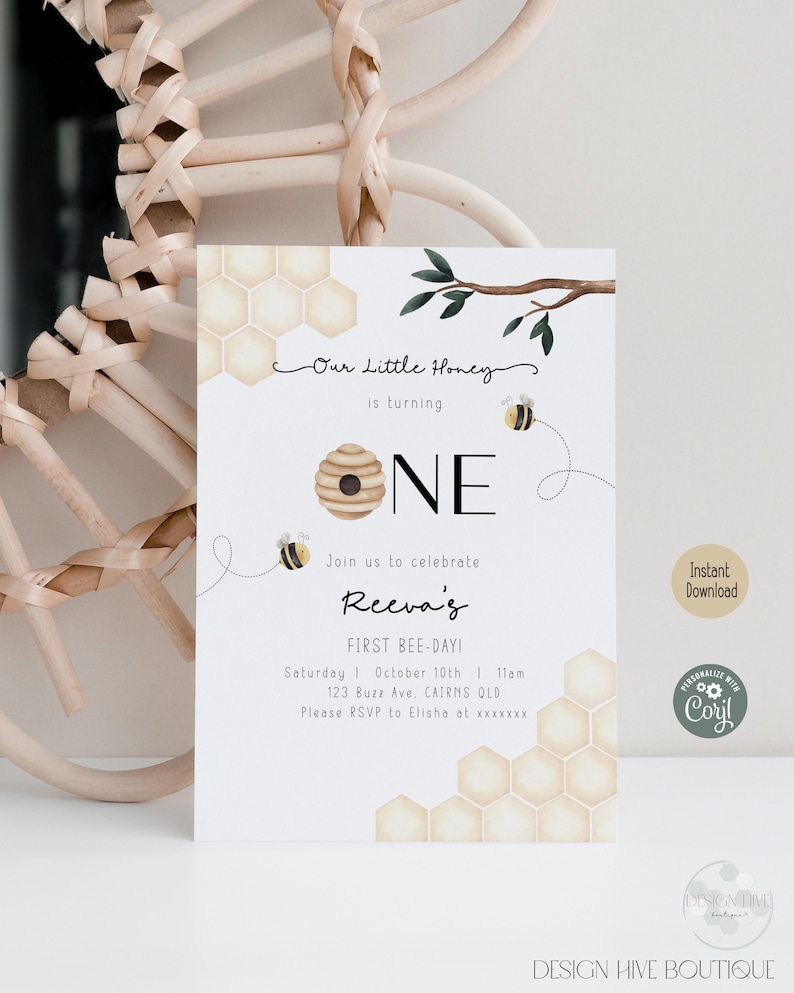 Editable 1st Bee Day Birthday Invitation Bee First Birthday Invite ...
