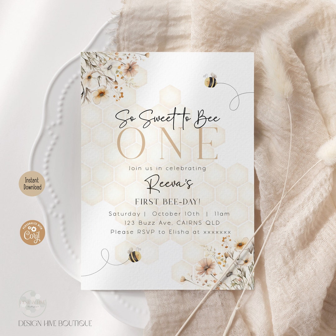 Editable Sweet to Bee ONE First Birthday Invitation, Honey Bee 1st ...