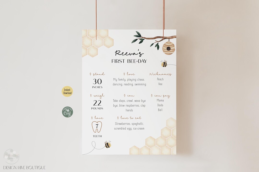 Editable 1st Bee Day Milestone Poster | Our Little Honey First Birthday ...