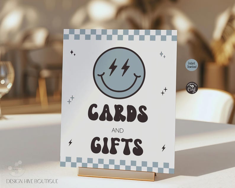 Smiley Face Table Signs | Editable Retro Blue One Happy Dude Birthday ...