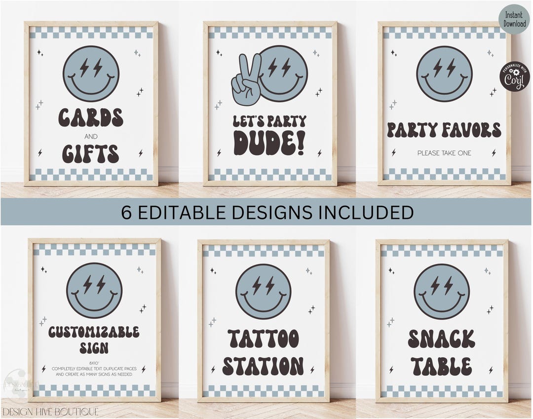 Smiley Face Table Signs | Editable Retro Blue One Happy Dude Birthday ...