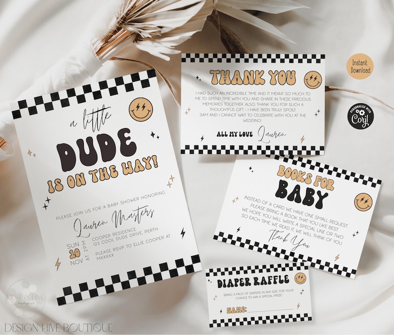 Little Dude Baby Shower Invitation Set | Smiley Face Rad Boy Theme ...